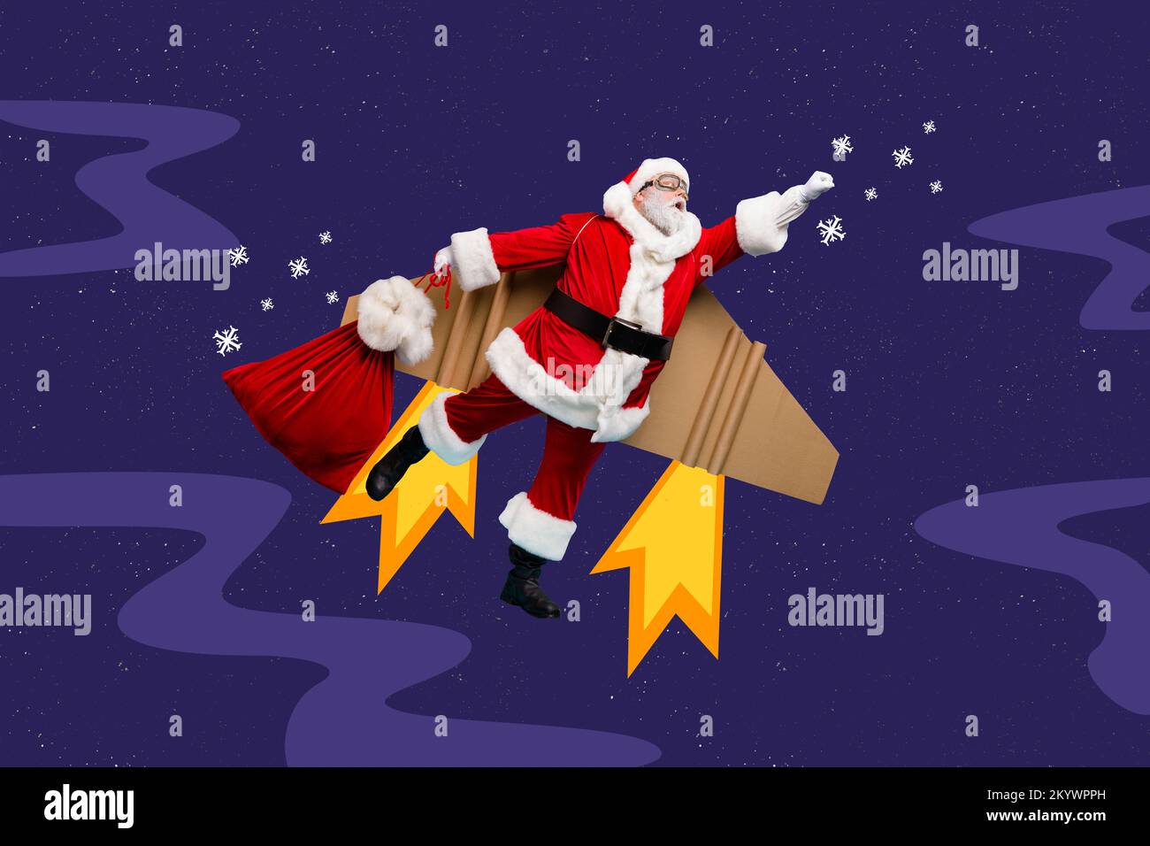 Creative photo collage illustration of positive funny carefree santa claus hold bag wear plane ...