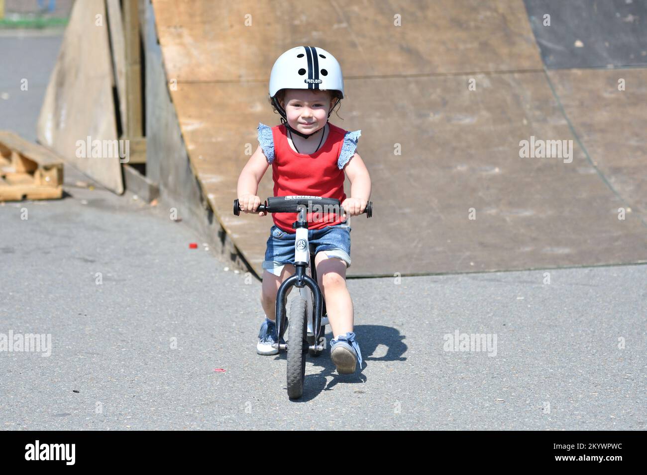 Orenburg, Russia - July 29, 2017 year: little kids learn to ride on ...