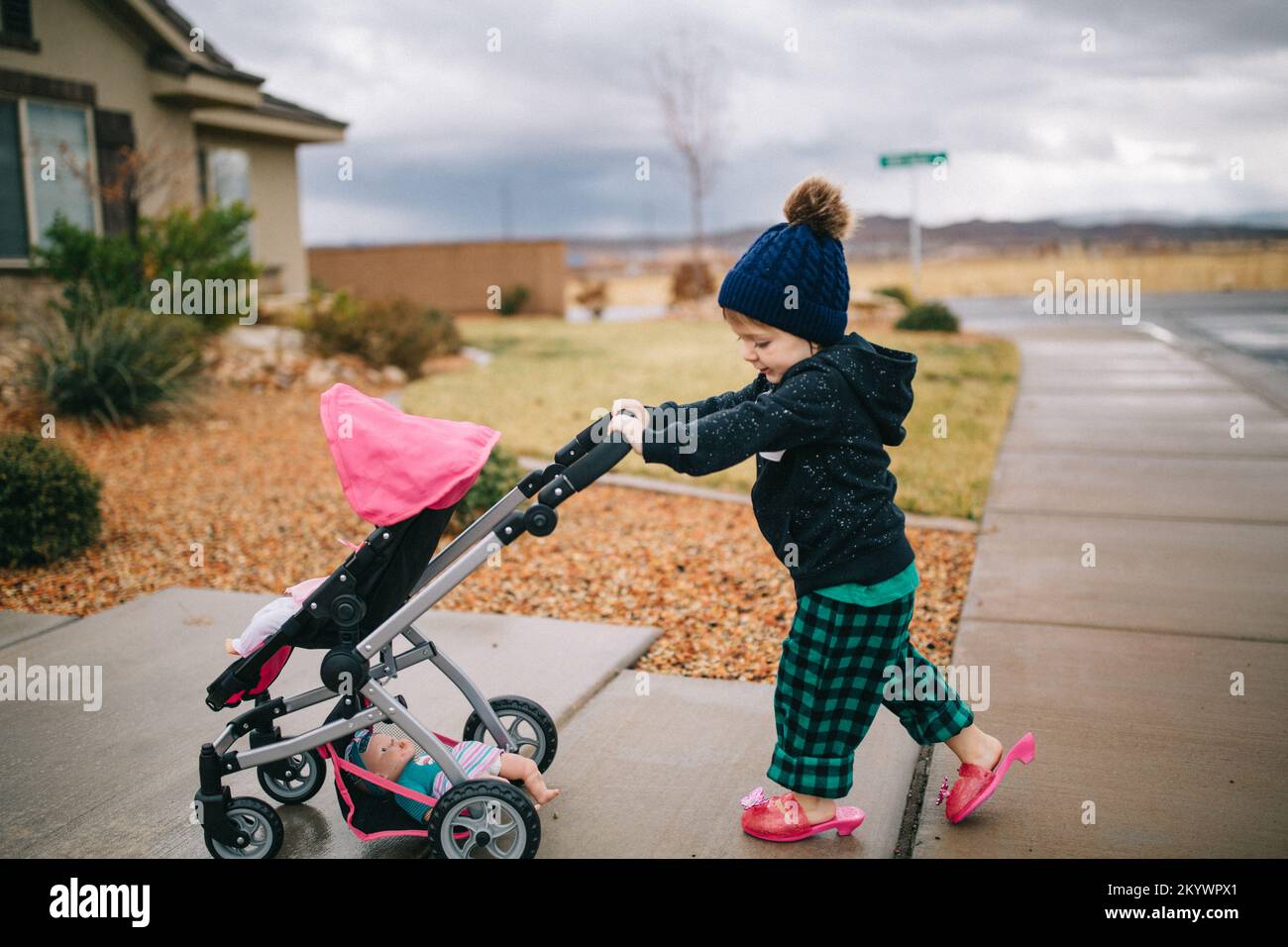 Little girl pushing her baby dolls in a stroller outside on a co Stock ...