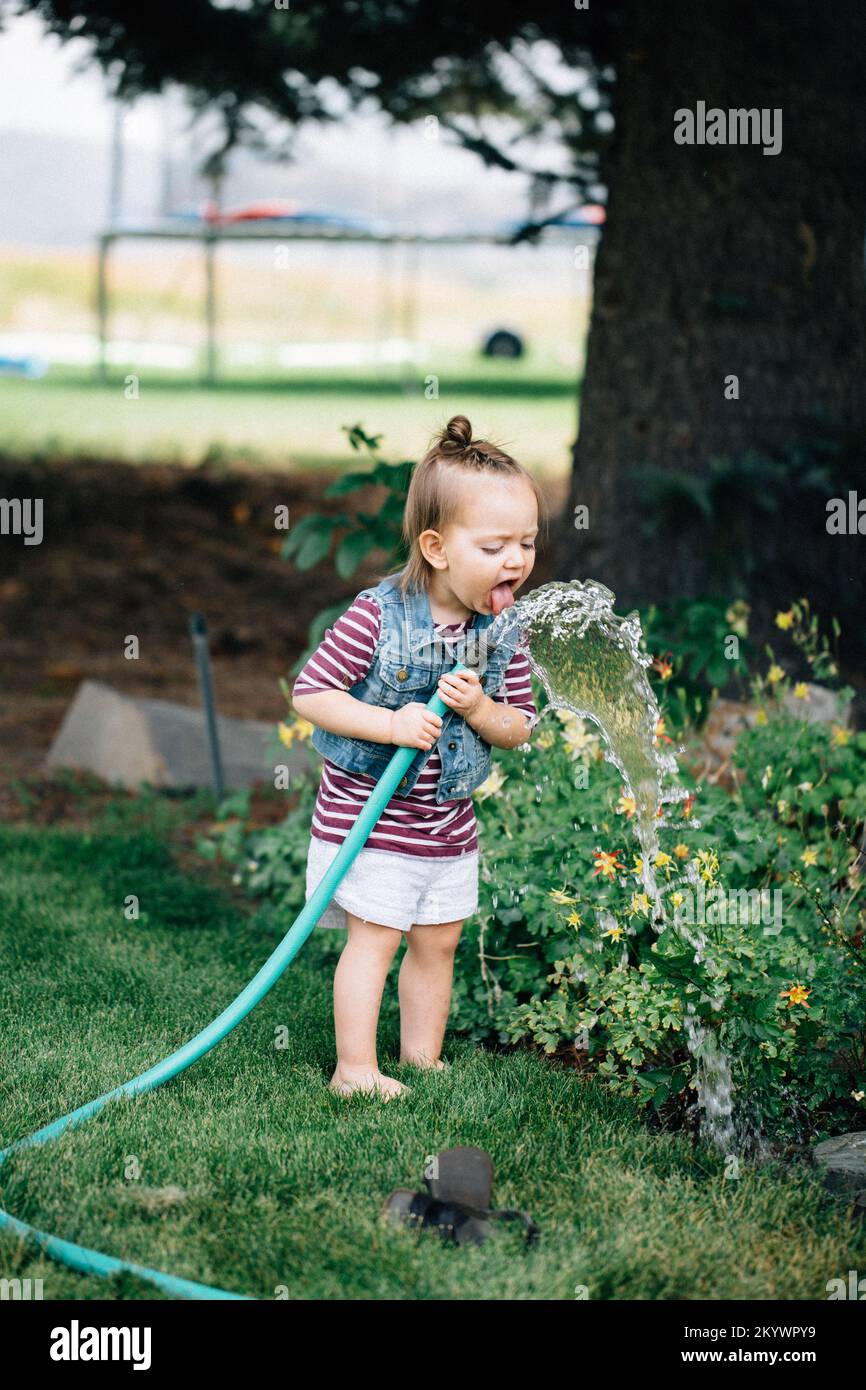 Little girl drinking water from a hose outside by the garden Stock ...