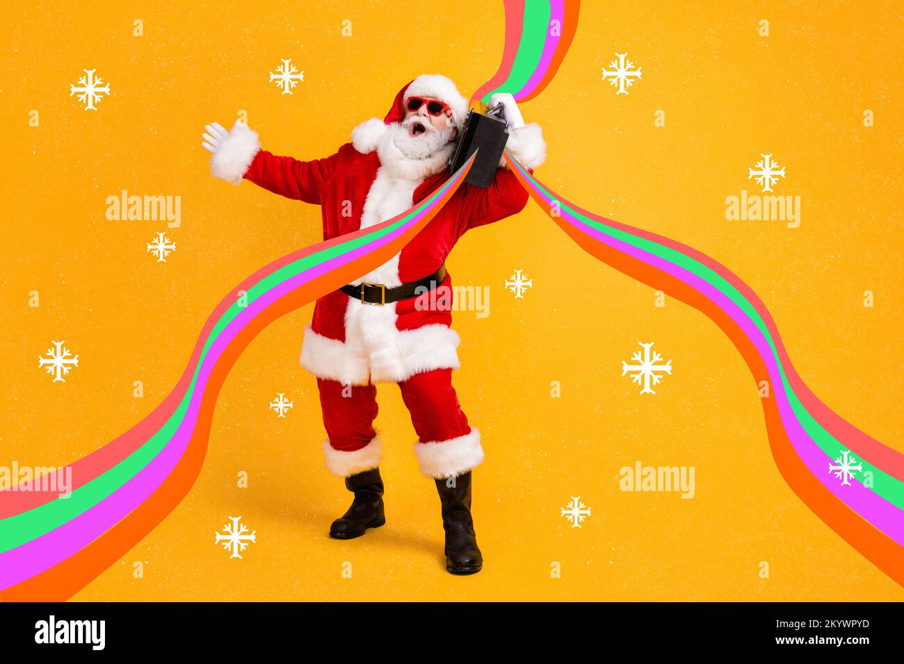 Creative photo collage illustration of funny crazy santa claus hold ...