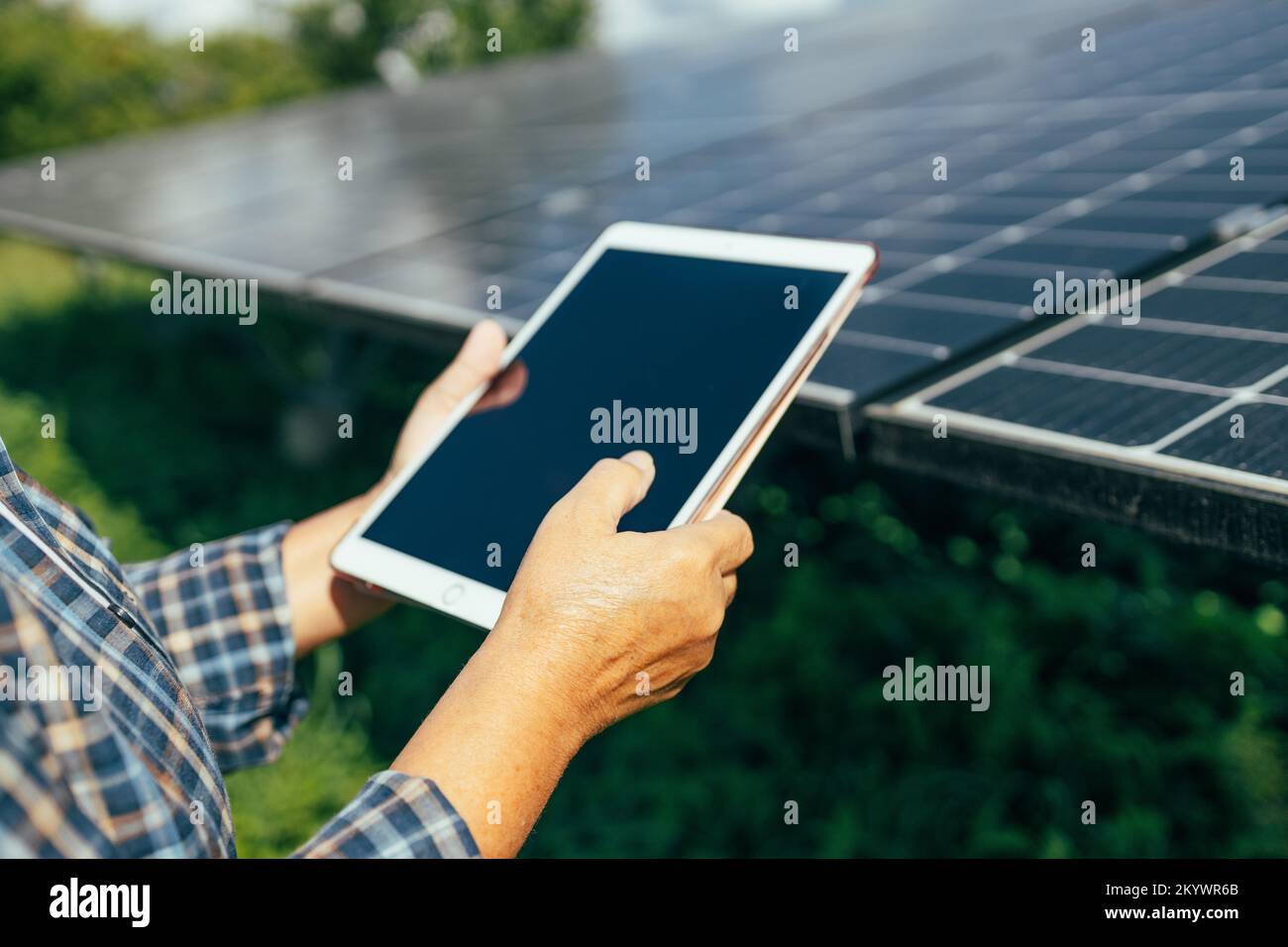 Engineer working at floating solar farm. Solar panels checking the ...