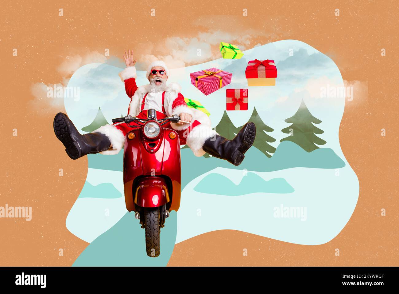 Creative photo 3d collage postcard poster picture of crazy santa hurry ...