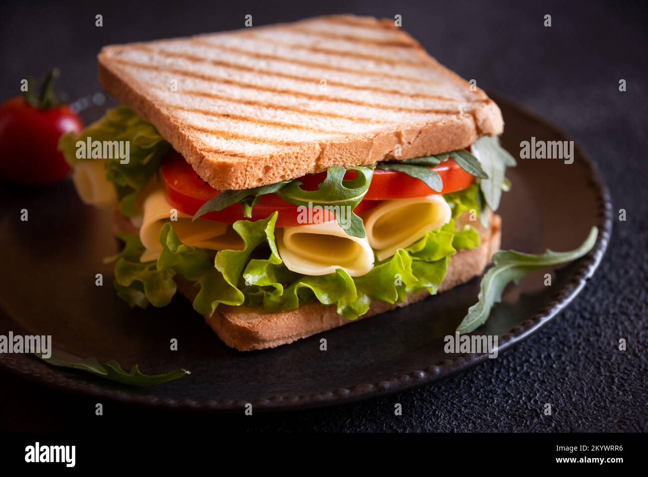 Delicious sandwich with toasted bread, lettuce, cheese and tomatoes ...