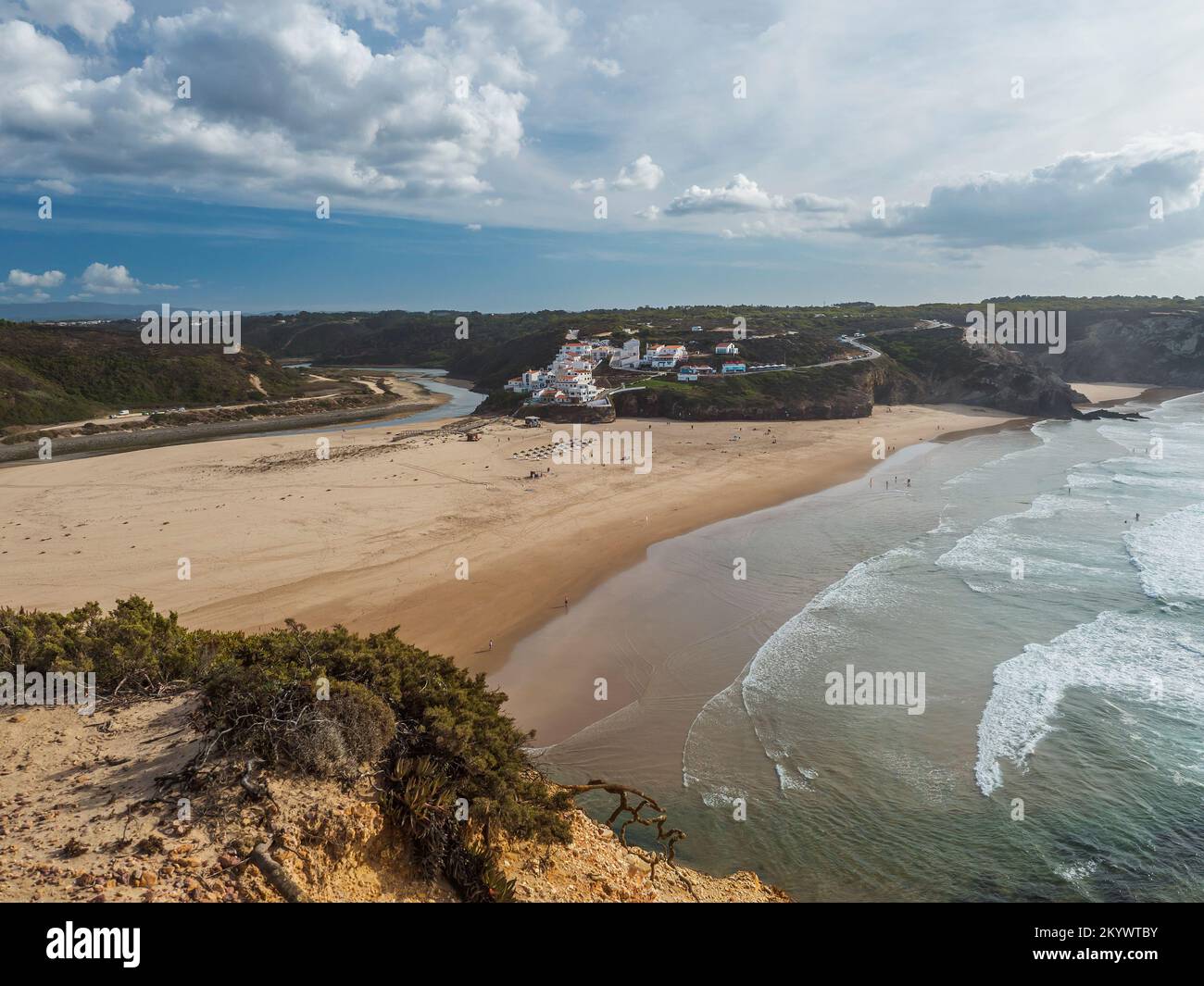 Panoramic view of Praia de Odeceixe Mar Surfer beach with golden sand ...