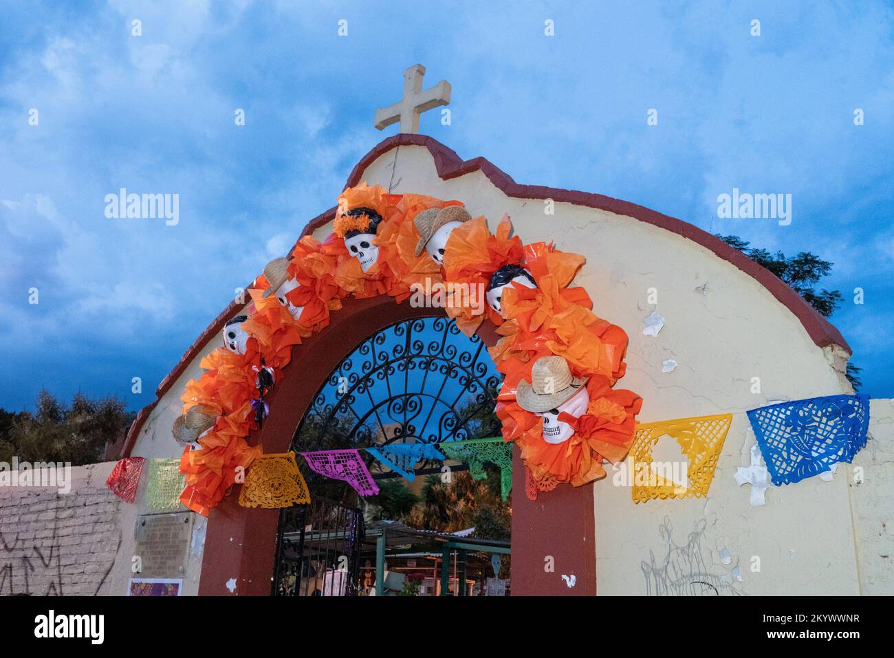 The entrance to the Xochimilco Cemetery decorated for the Day of the ...