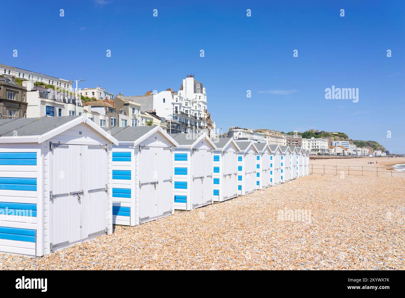 Hastings beach with blue and white striped painted beach huts Hastings ...