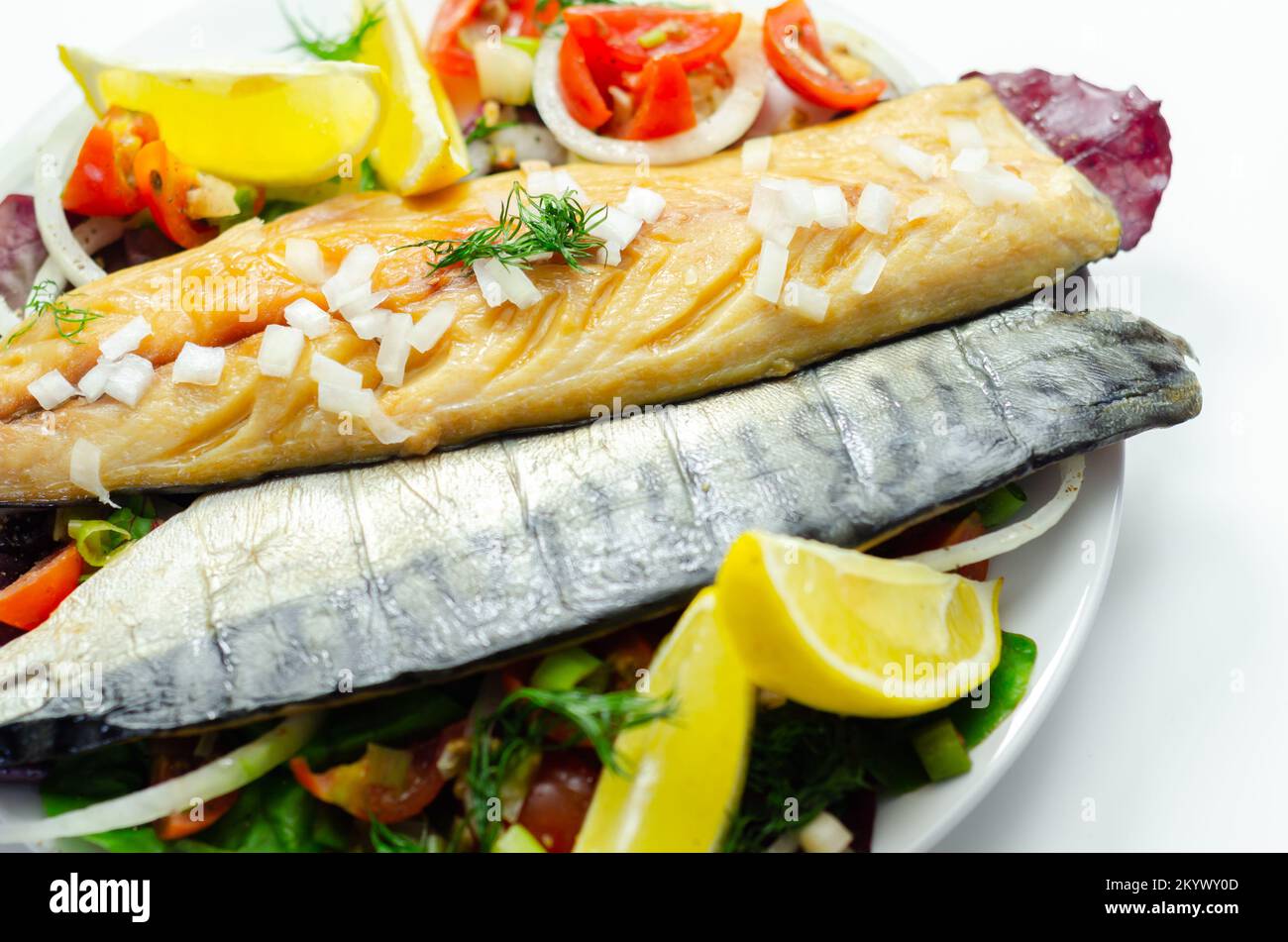 Hot smoked scottish mackerel fillets with onions, tomato and salad ...