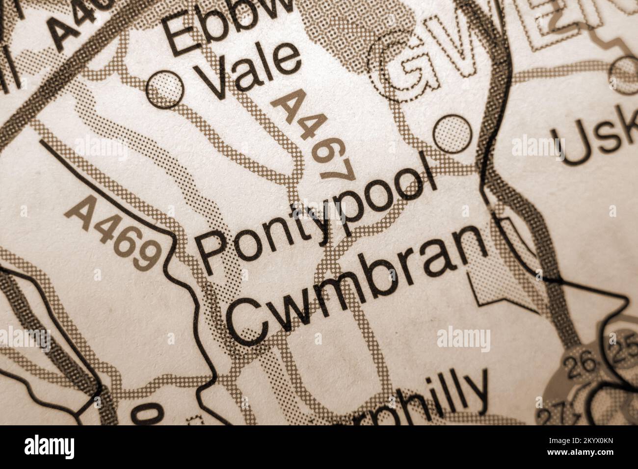 Pontypool, United Kingdom atlas map town name - sepia Stock Photo - Alamy