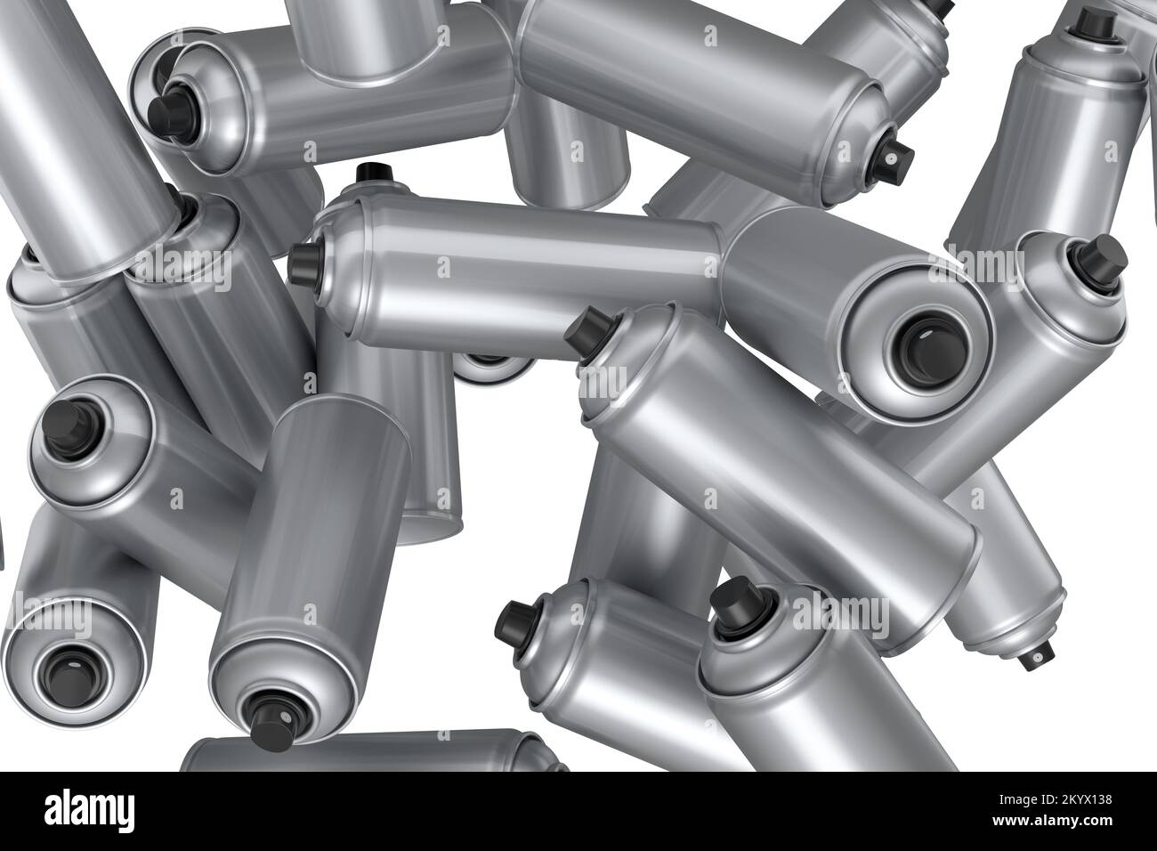 Lots of flying spray paint cans on white background. 3d render spray ...