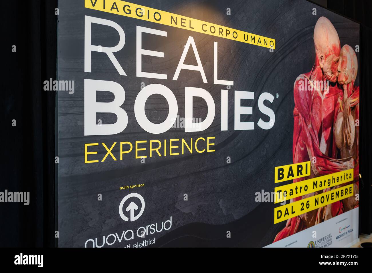Bari, Italy. 02nd Dec, 2022. Poster at the entrance to the Real Bodies ...