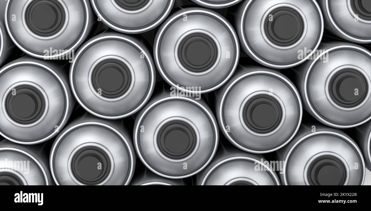 Set of silver spray paint cans in row on white background. 3d render ...
