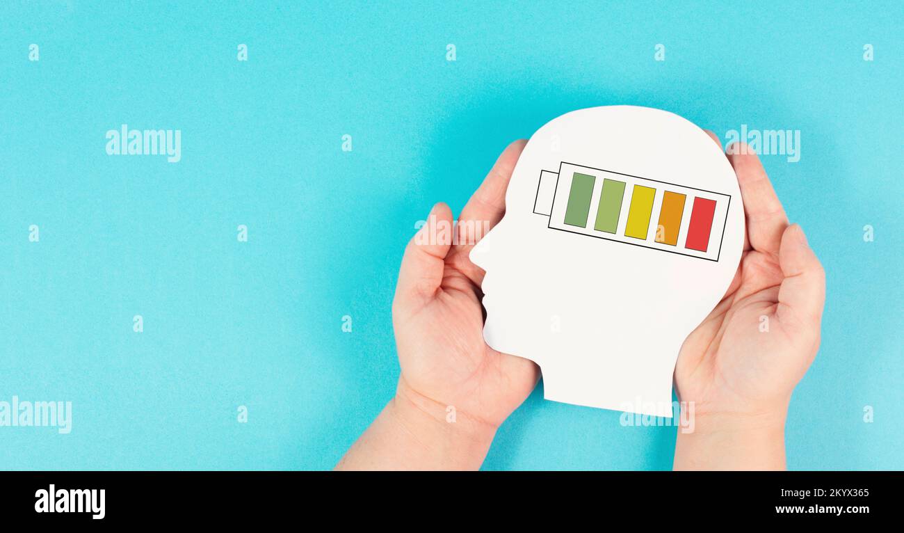 Battery charging, positive thinking and mental health concept, brain ...