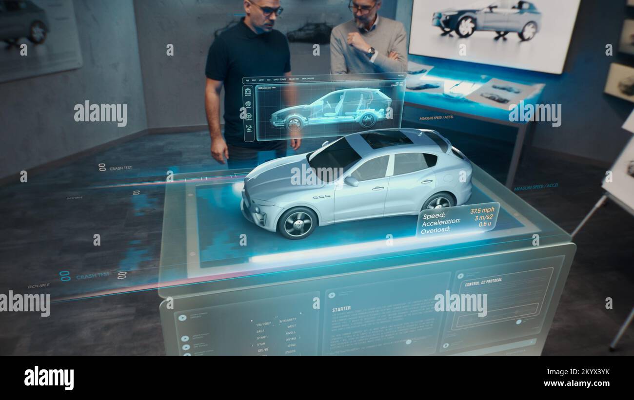 Two engineers Developers standing in design studio near futuristic ...