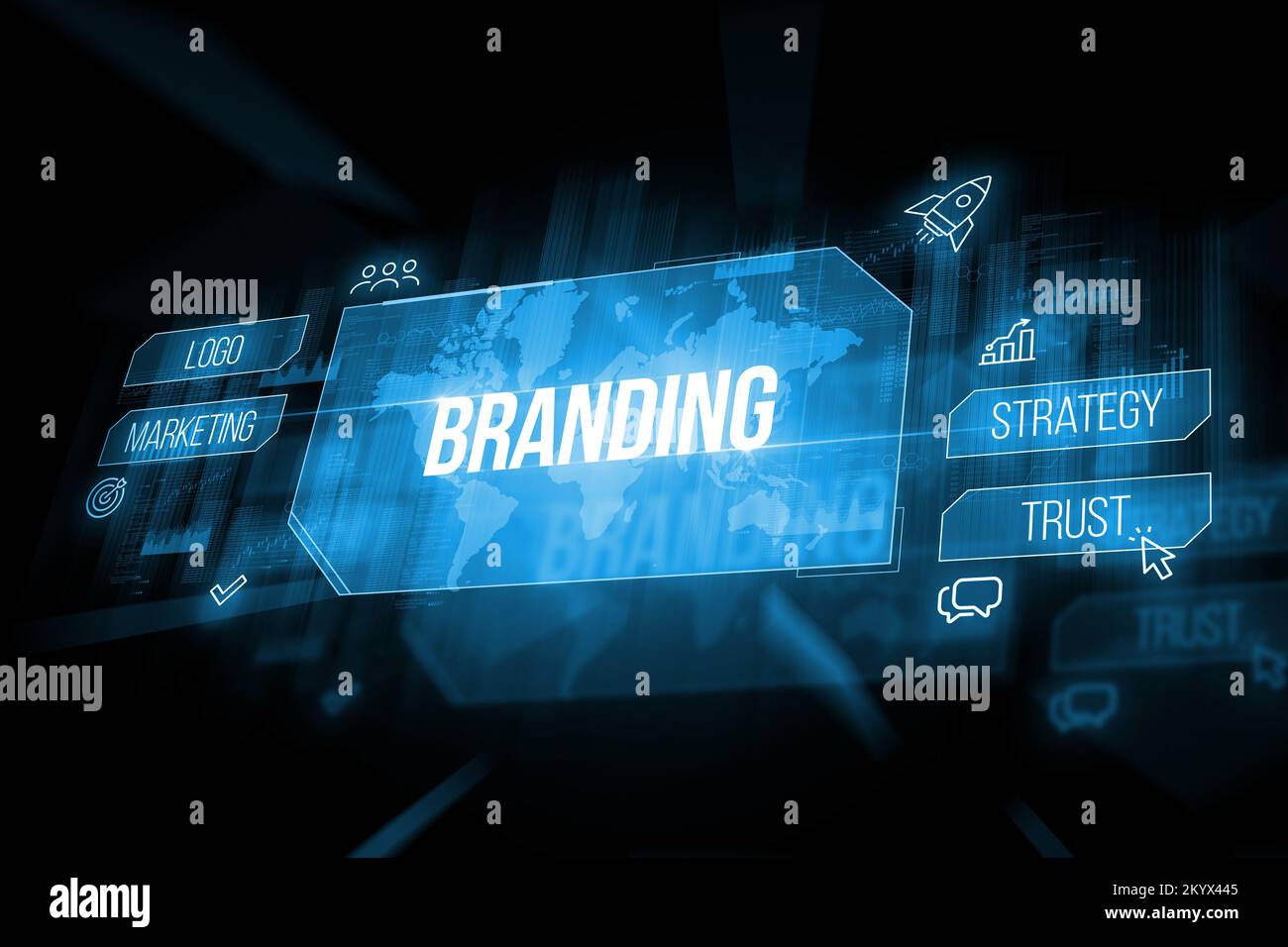 Branding concept. Virtual display with operating functions. Advertising ...