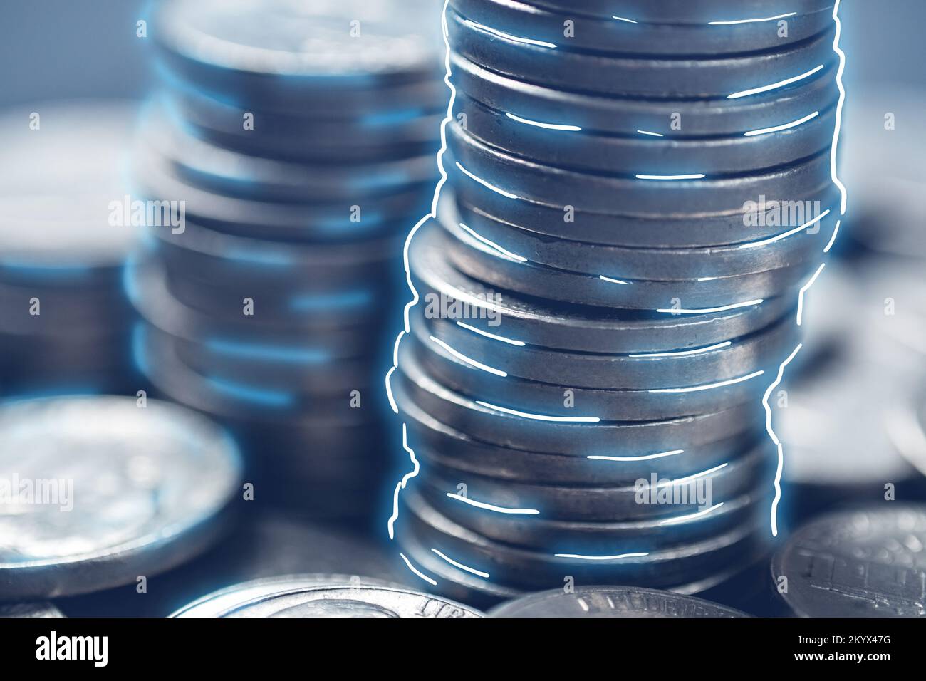 Stack of coins with neon lines as a symbol of cryptocurrency Stock ...