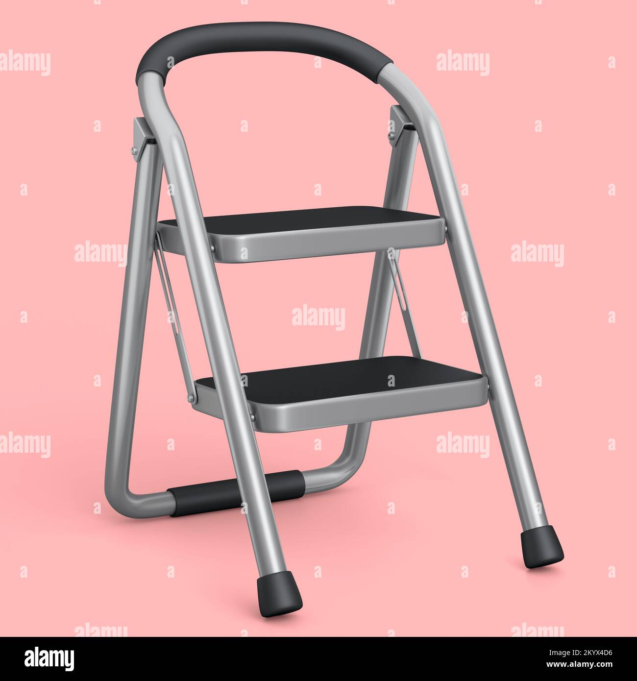 High folding metal ladder with steps on pink background. 3d render of ...