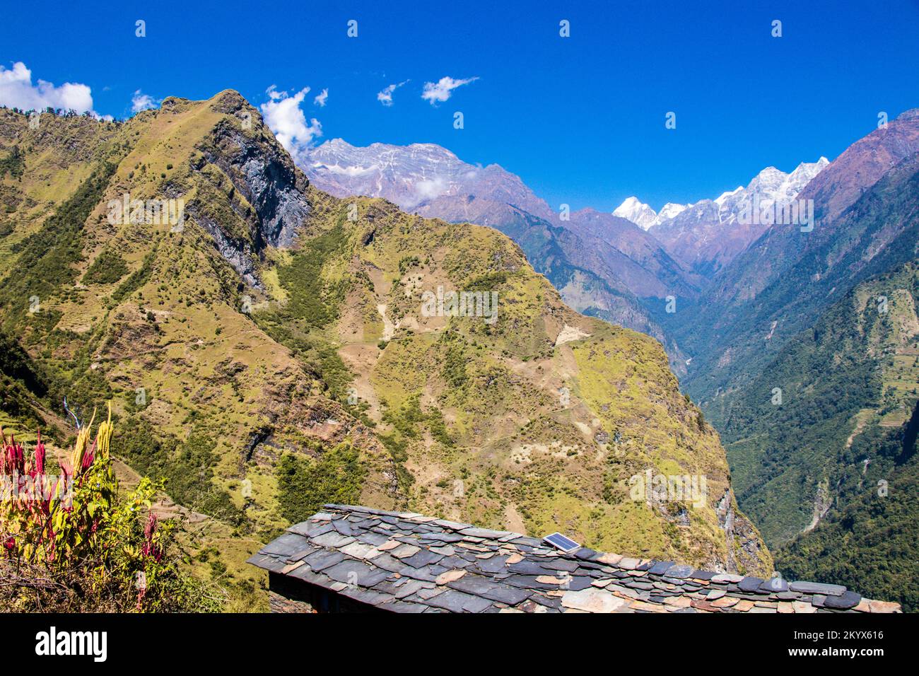 Trekking in the Himalaya mountains of Nepal with beautiful green hills, river and waterfalls ...