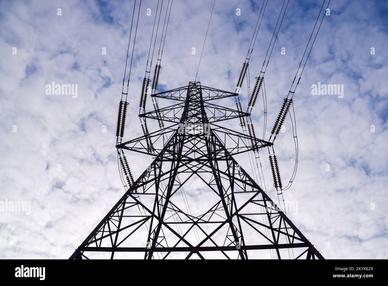 General view of an electricity transmission tower, also known as a ...
