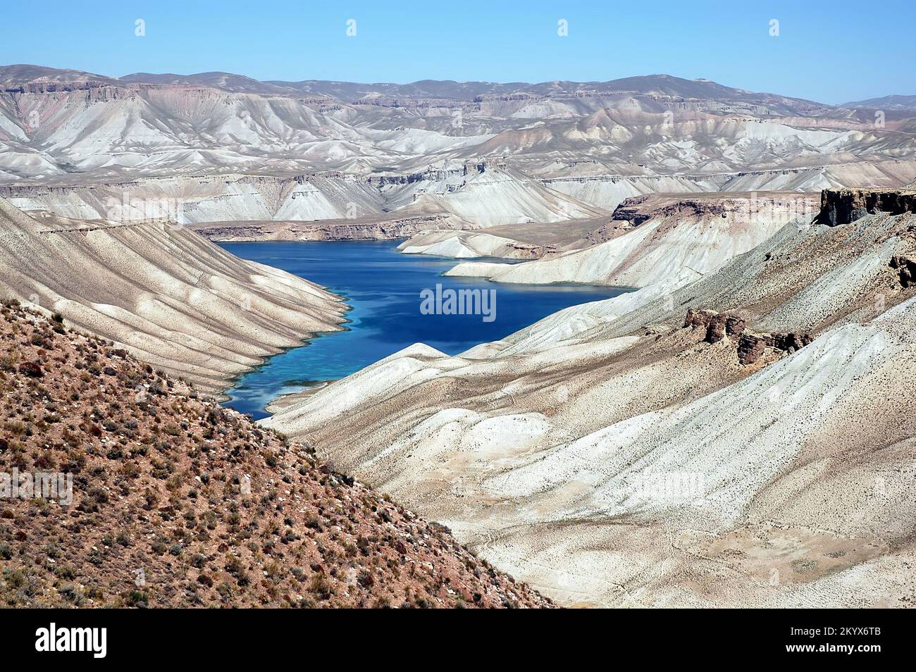 Band-e Amir lakes near Bamyan (Bamiyan) in Central Afghanistan. Panorama from a viewpoint on the ...