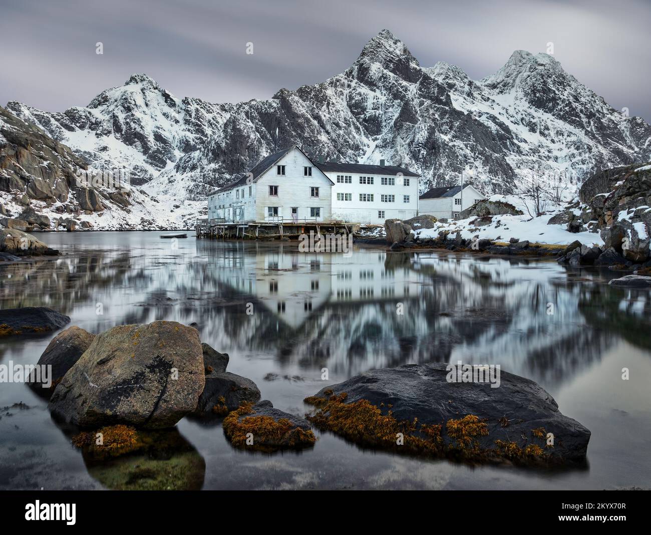 An abandon fish factory at Bostad, Lofoten Islands, Norway Stock Photo ...