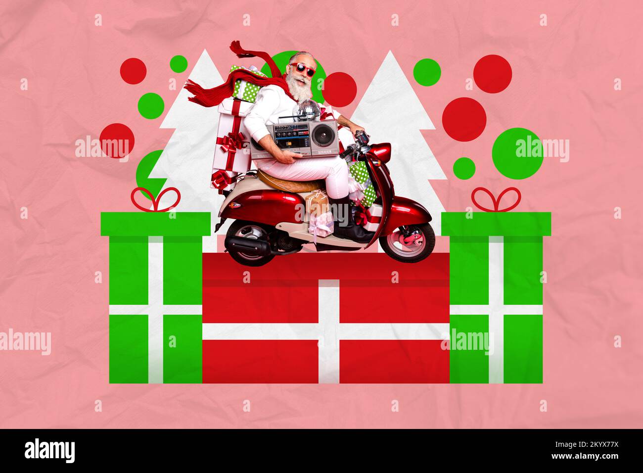 Creative collage picture of funny mini grandfather driving moped ...