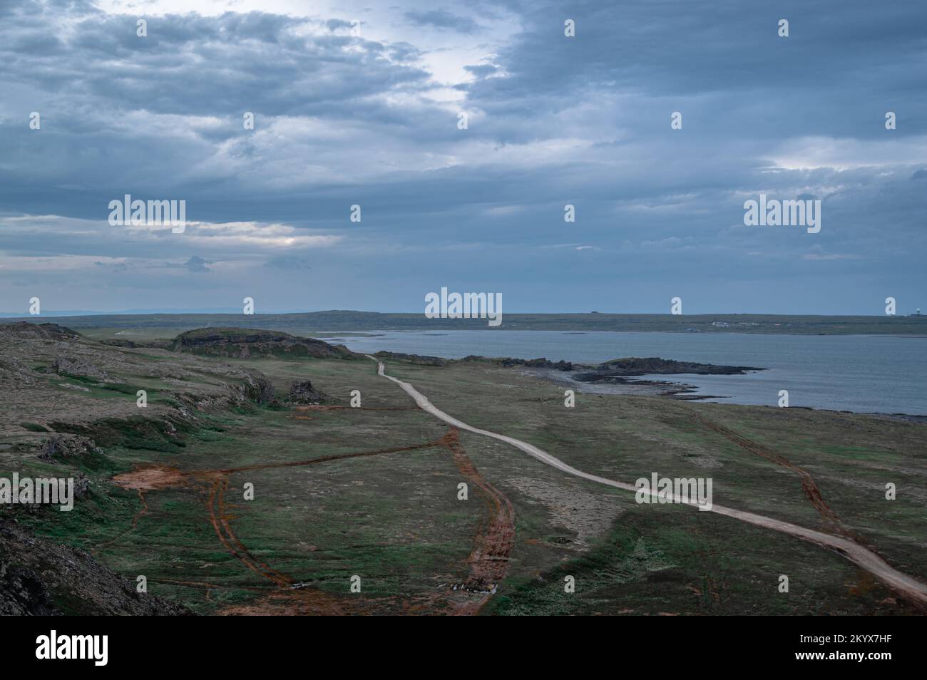 Gloomy view of a path through desolate Rybachy Peninsula, Russia Stock ...