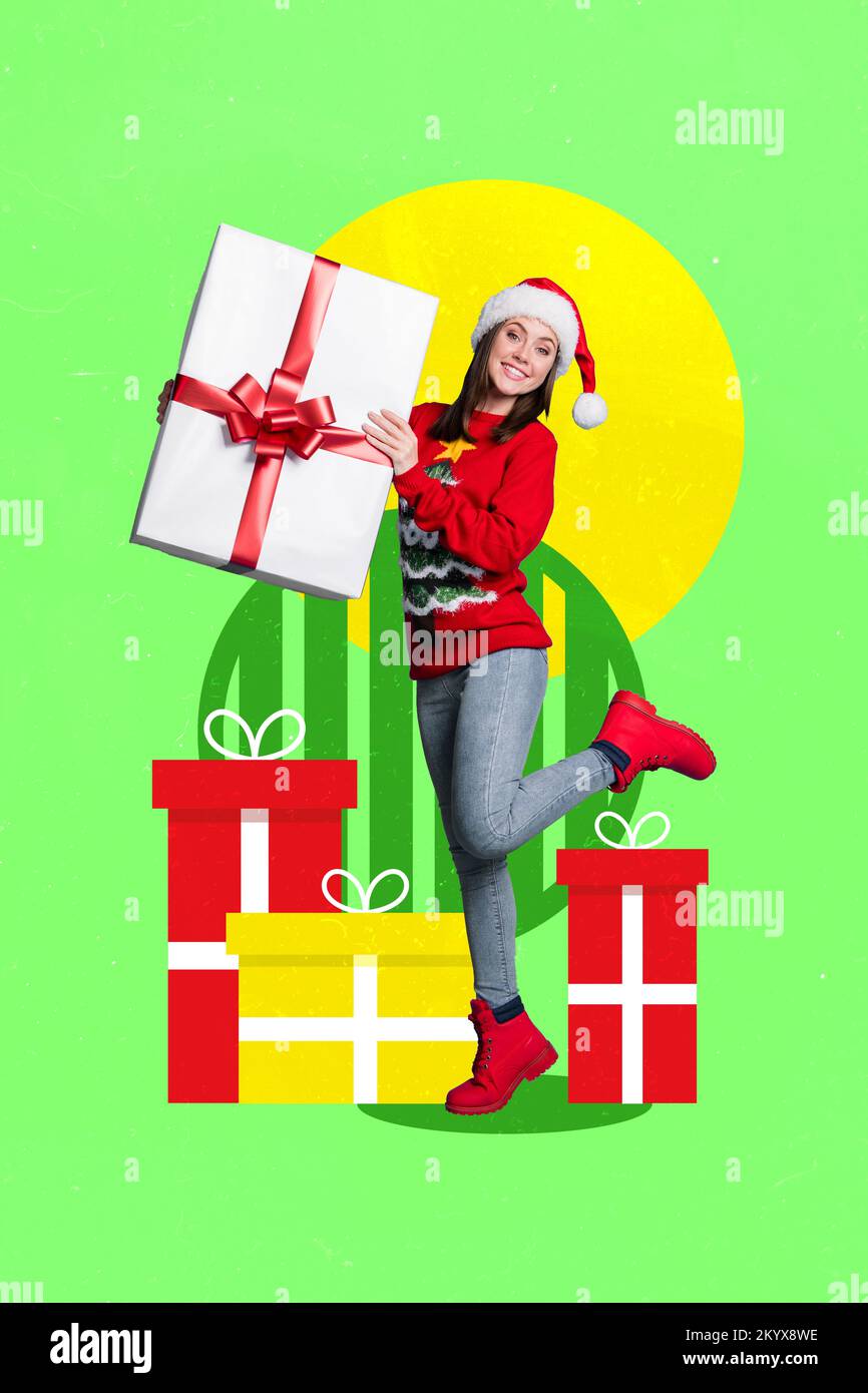 Vertical collage picture of cheerful girl hands hold big newyear ...