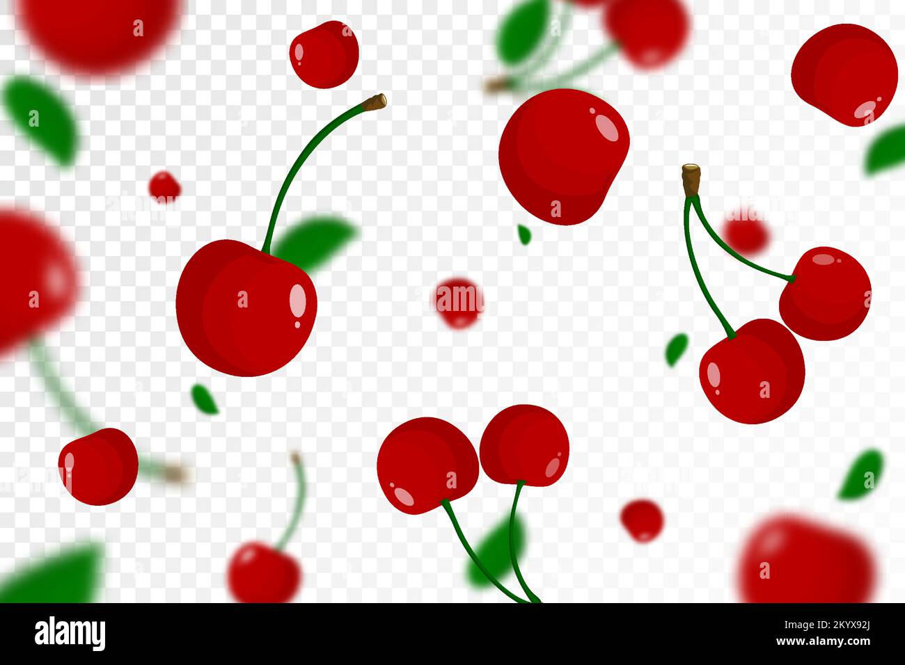 Flying red juicy cherry background with defocused blur effect. Berries ...