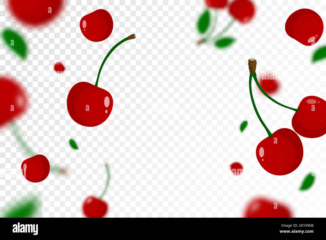 Flying red juicy cherry background with defocused blur effect. Berries ...