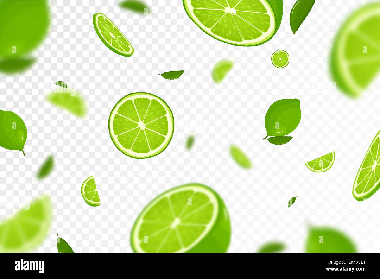 Flying fresh limes and lime slices background, seamless pattern with defocused blur effect. Can ...