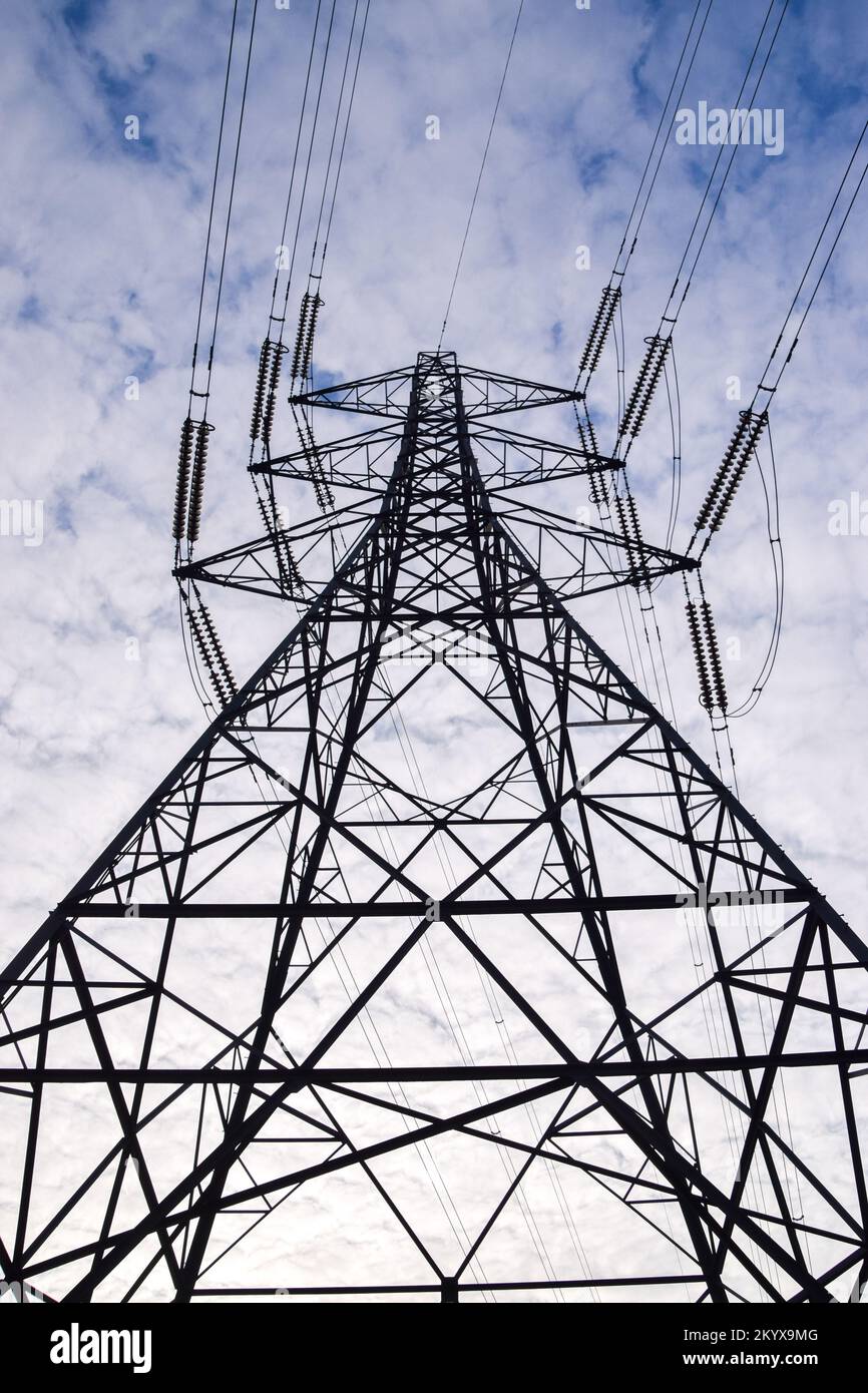 General view of an electricity transmission tower, also known as a ...