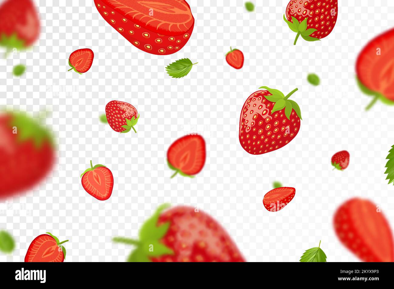 Falling juicy ripe strawberry with green leaves isolated on transparent ...
