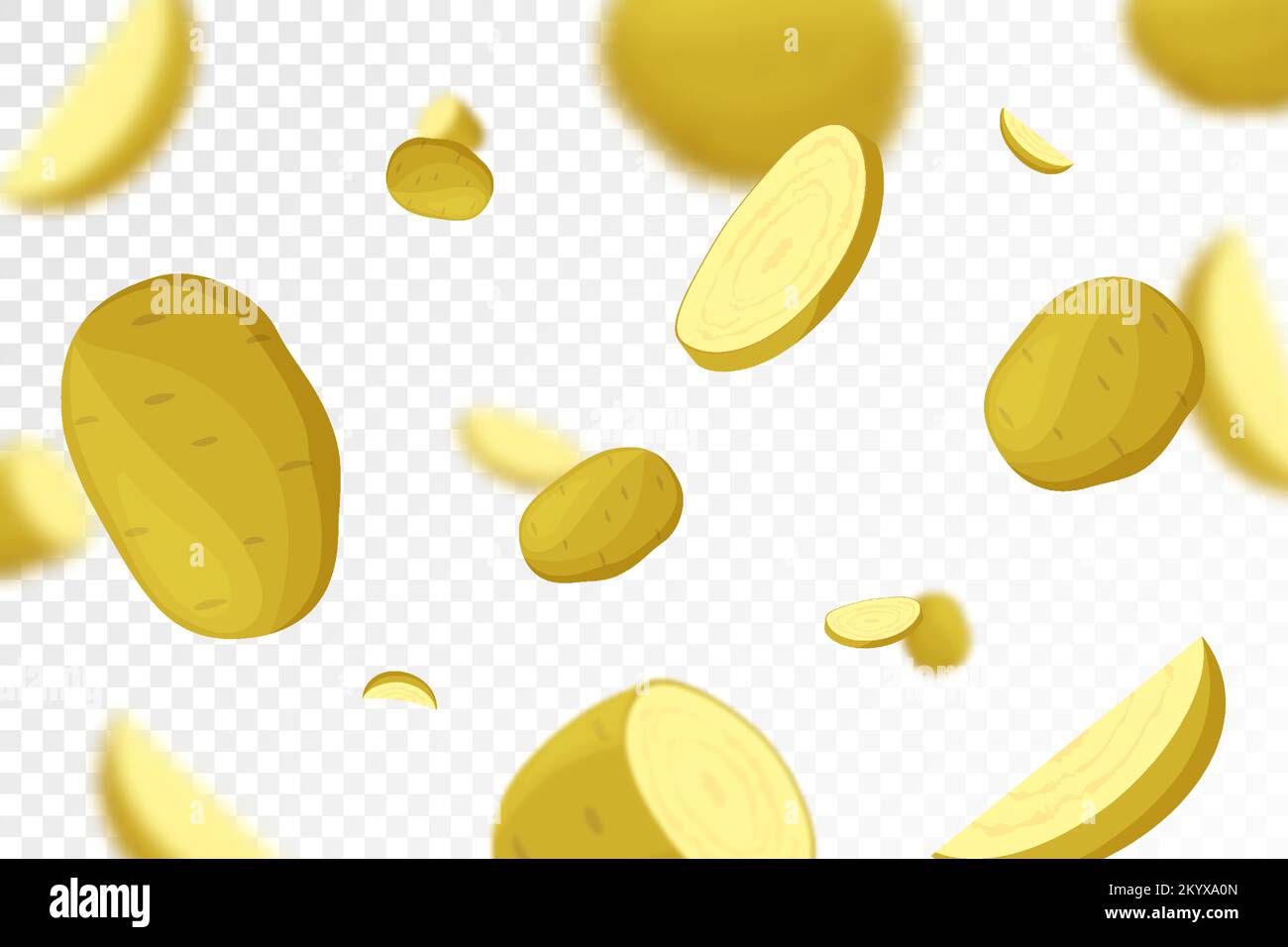 Falling potatoes isolated on transparent background. Flying whole and ...