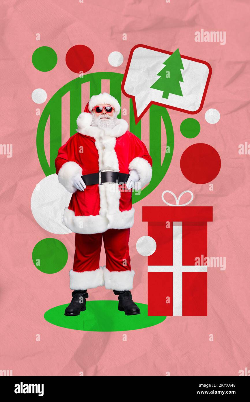 Vertical collage of aged funky santa think talk newyear evergreen tree ...