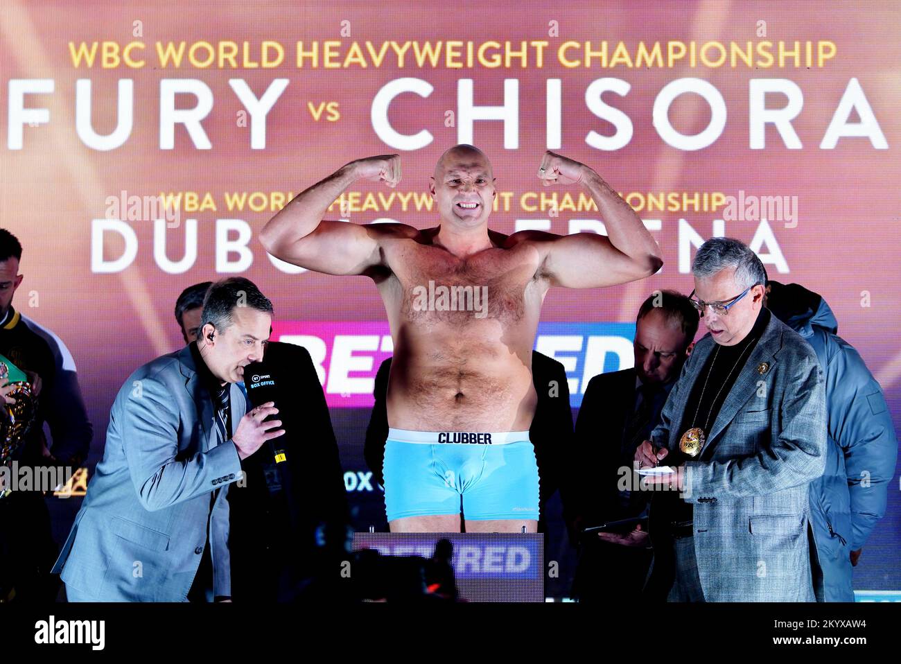 Tyson Fury during the weigh-in at the Business Design Centre, London ...