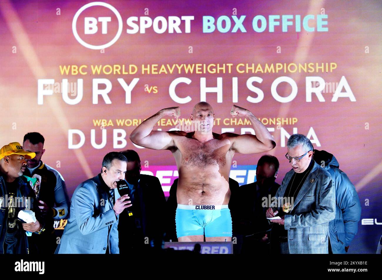 Tyson Fury during the weigh-in at the Business Design Centre, London ...