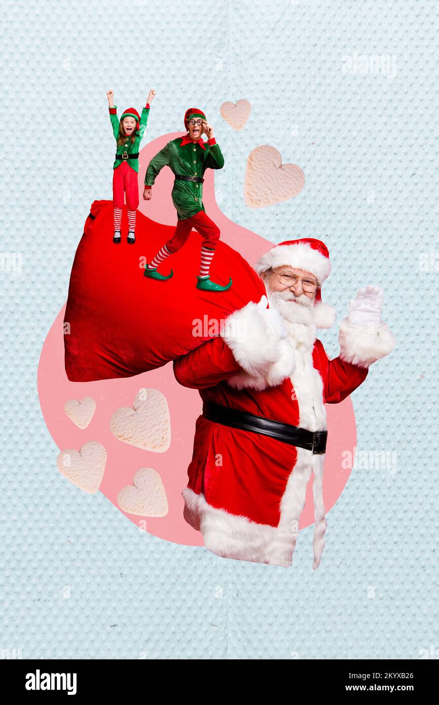 Collage poster of old age saint nicholas bring big red sack with gifts ...