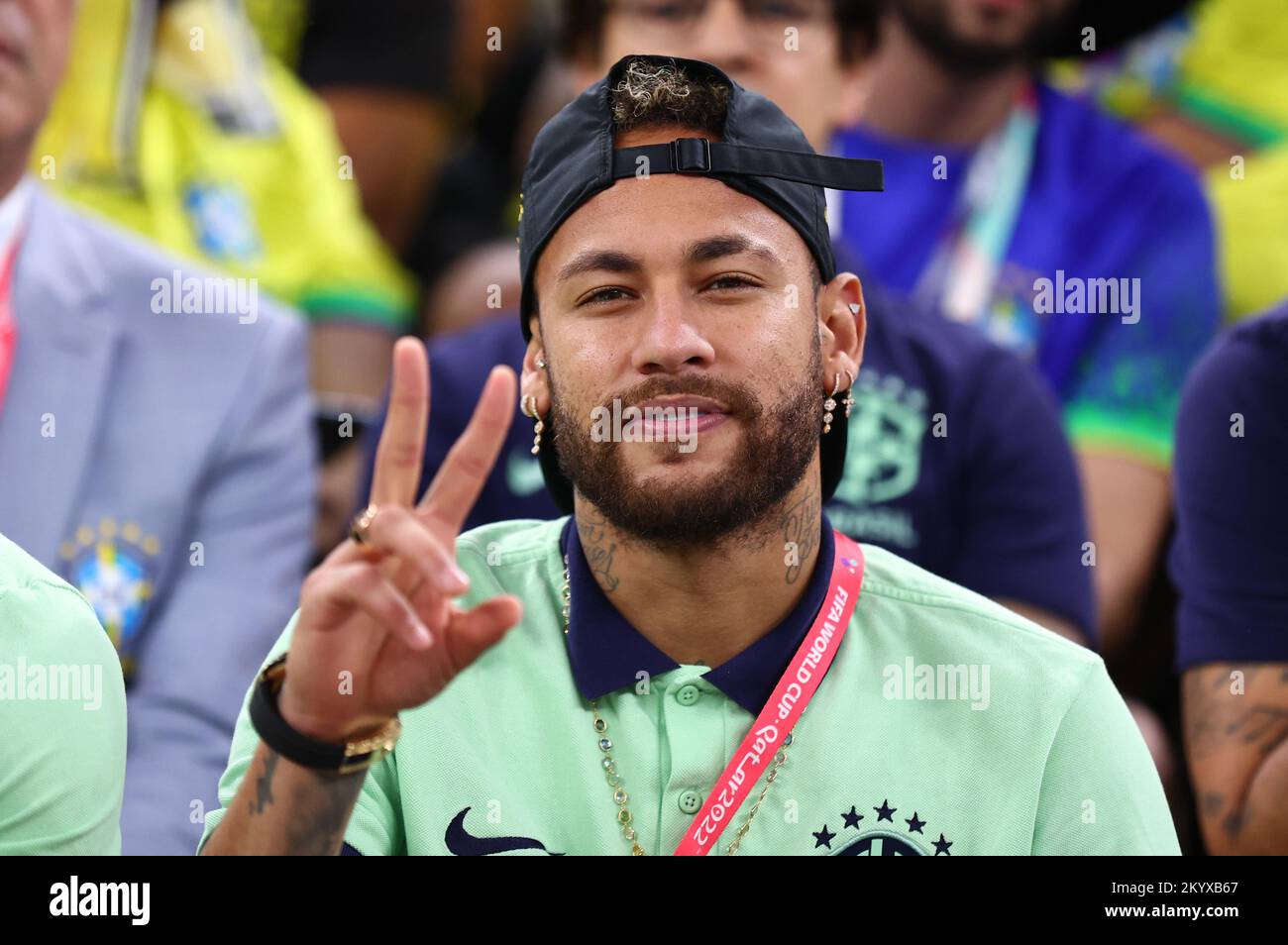 Doha, Qatar, 2nd December 2022. Neymar Jr of Brazil signals to the ...