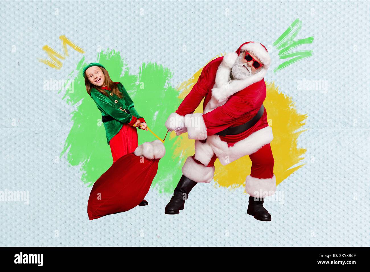 Collage poster of funny santa claus wear sunglass drag big heavy gifts ...