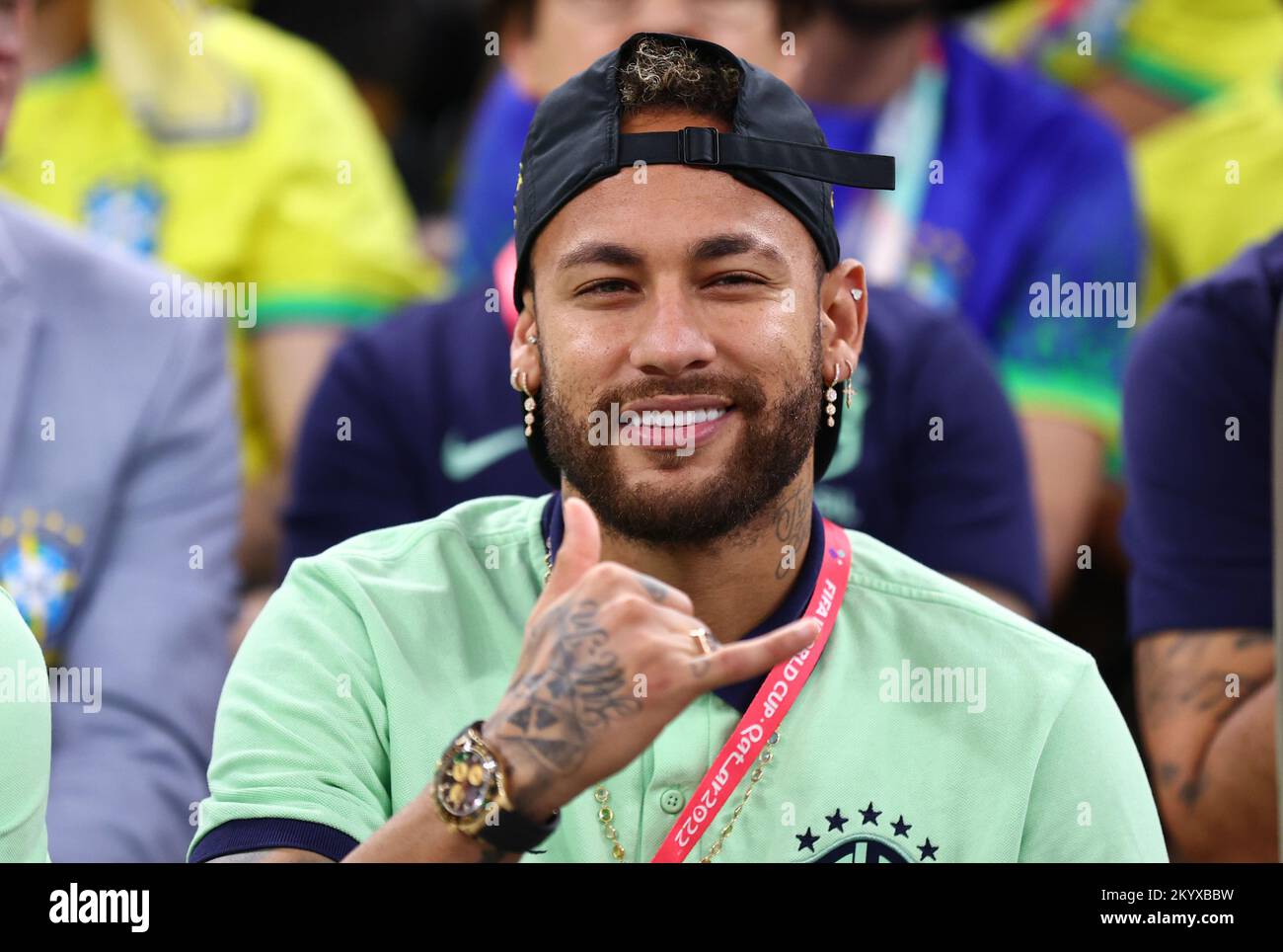 Doha, Qatar, 2nd December 2022. Neymar Jr of Brazil signals to the ...