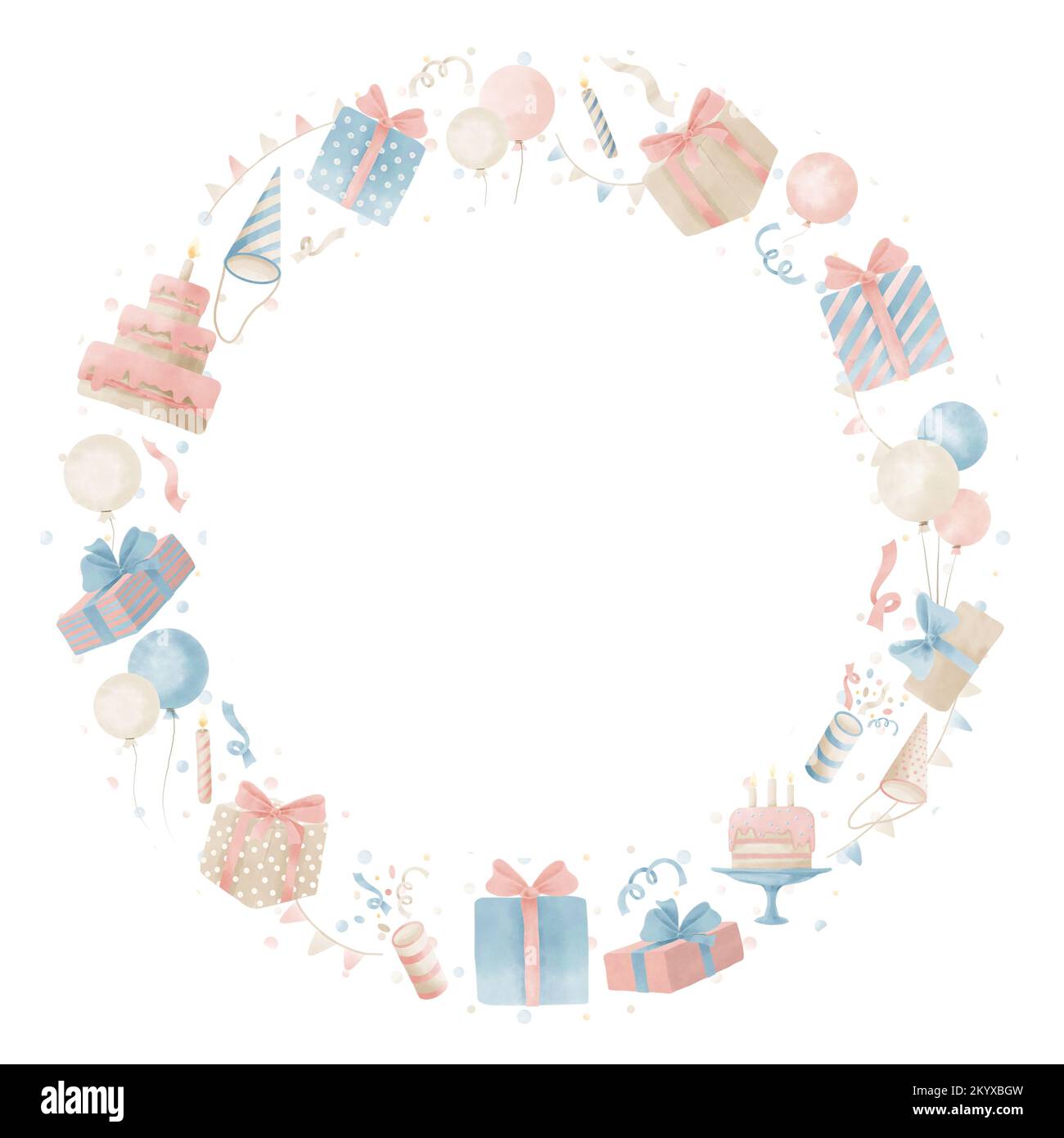Round Frame for Happy Birthday. Watercolor hand drawn Template with ...