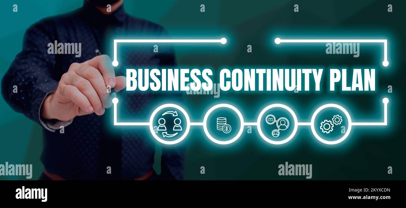 Text caption presenting Business Continuity Plan. Business approach ...