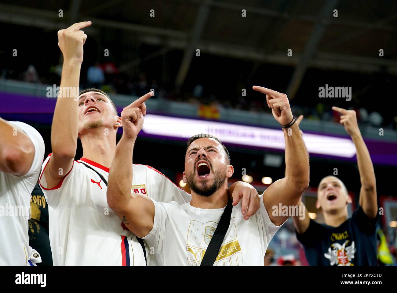 EDITORS NOTE: Gestures Serbia fans gesture in the stands ahead of the ...