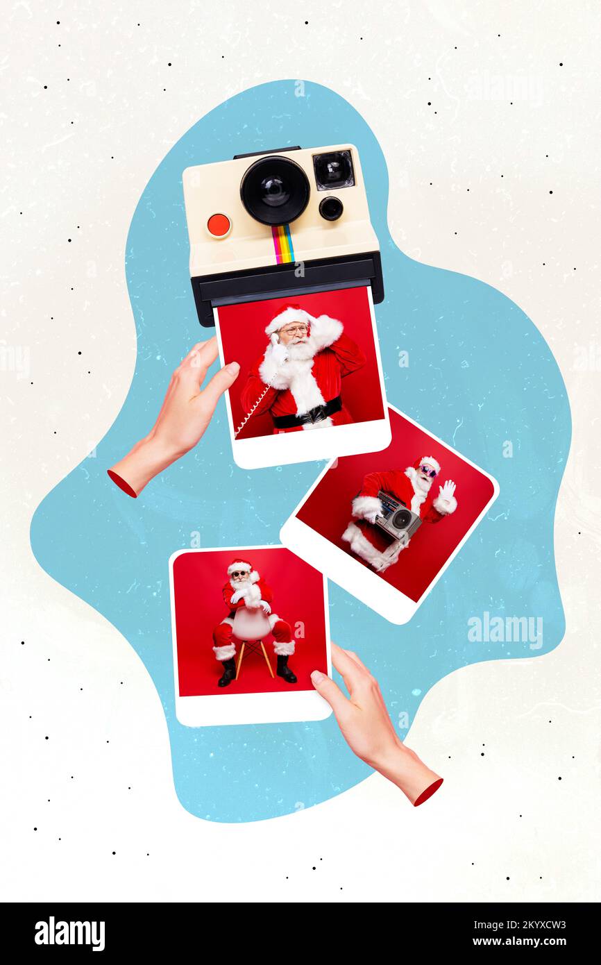 Vertical collage of hands hold printed instant photo cards santa claus ...