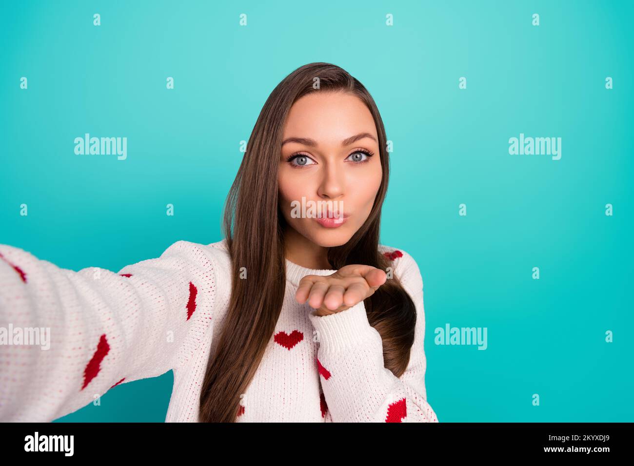 Photo of gorgeous lovely person take selfie arm palm send you air kiss ...