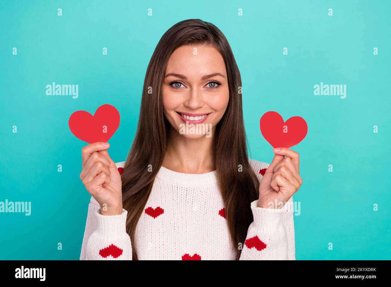 Photo of cheerful cute person toothy smile hands hold small heart ...