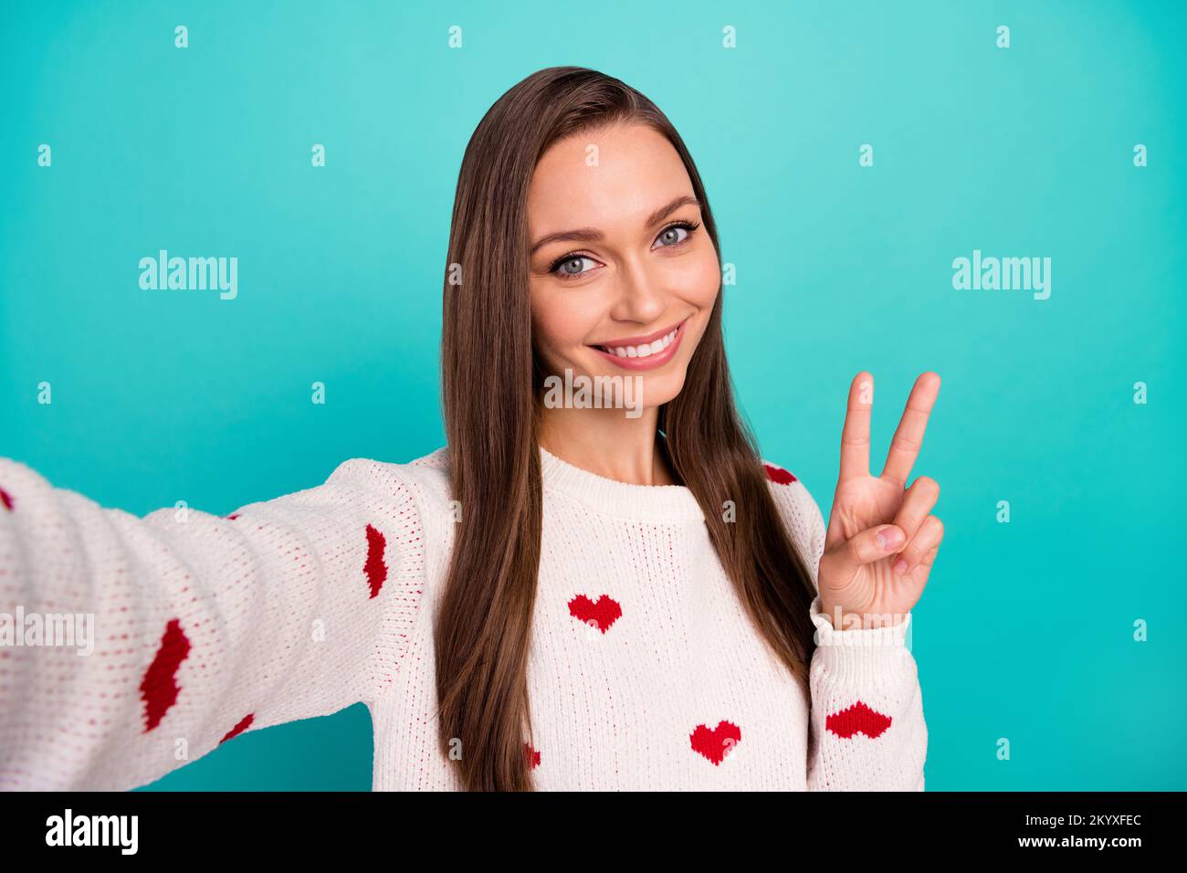 Portrait of cheerful cute lady make selfie hand fingers demonstrate v ...