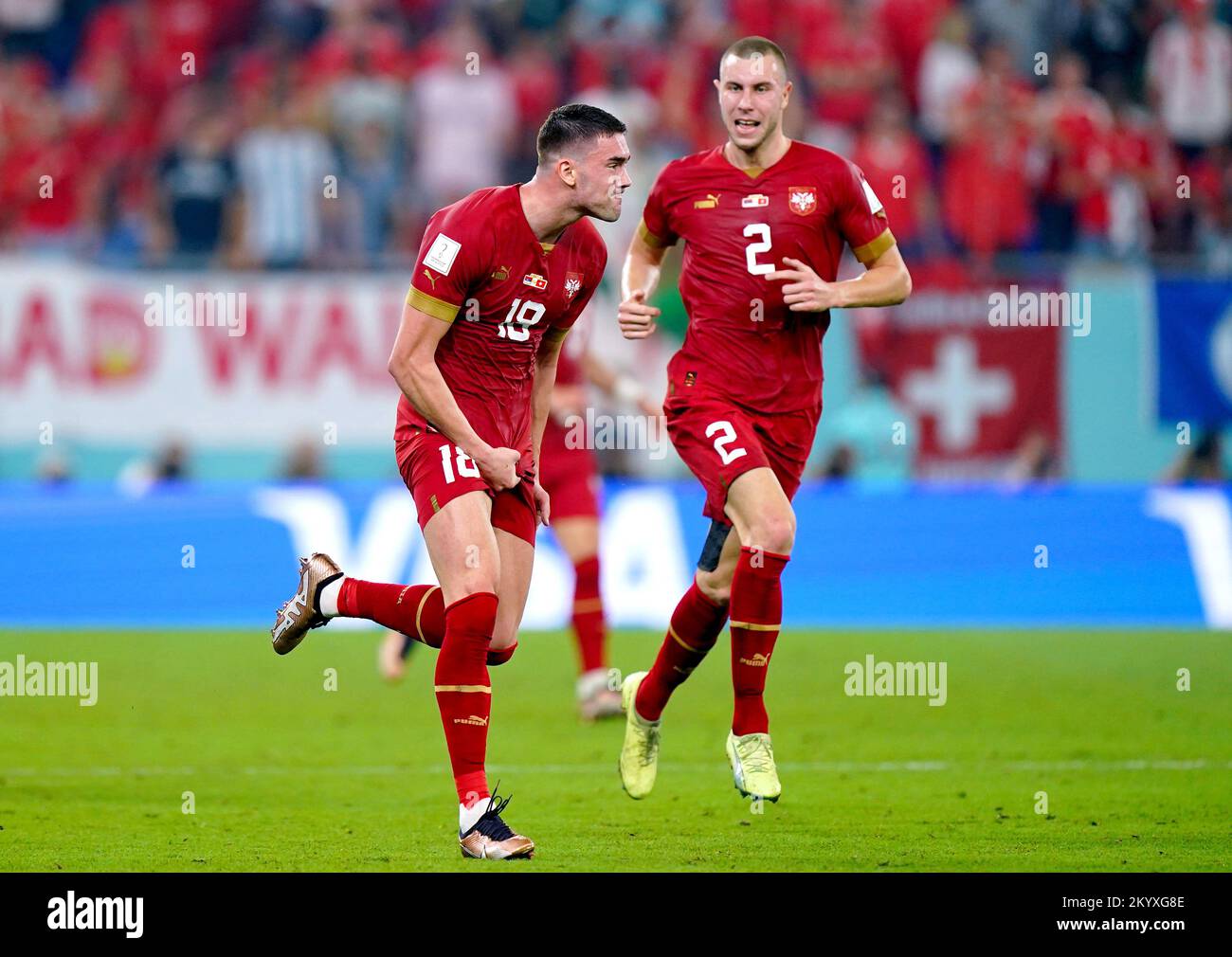 Serbia's Dusan Vlahovic (left) celebrates scoring their side's second ...