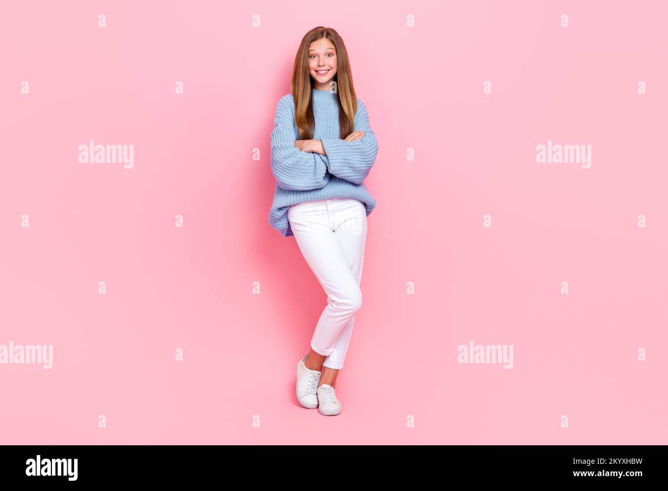 Full body photo of young teenager schoolgirl kid folded arms successful ...